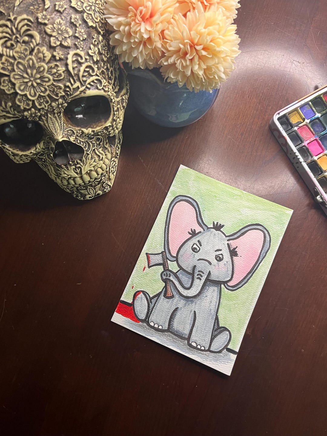 Ellie Gore – 5x7 Spooky Cute Watercolor & Mixed Media Elephant Print - Etsy