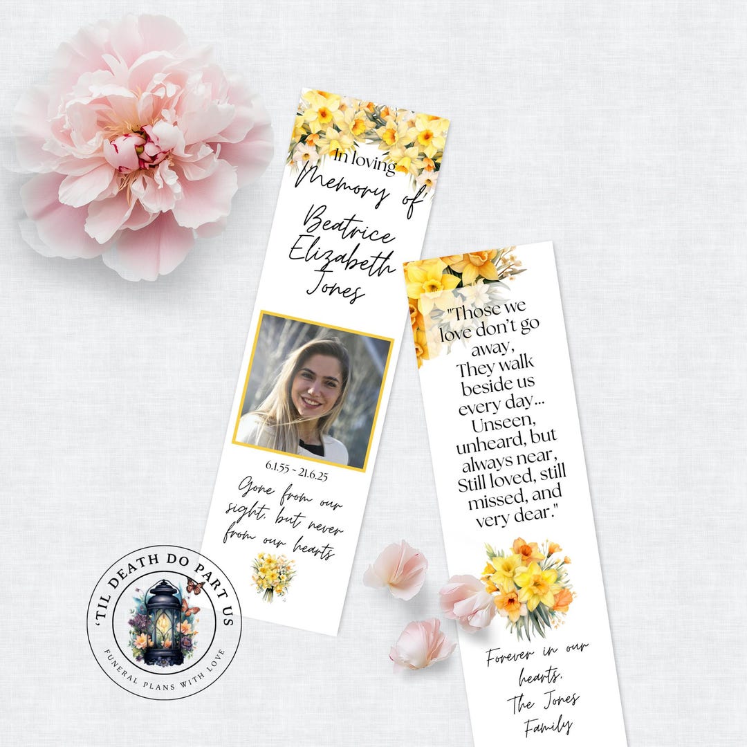 Daffodil Memorial Keepsake Bookmark – Editable Canva Template | Yellow ...