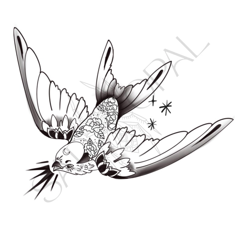 Swallow Tattoo Flash Sheet – Linework Swallow, Scissors, Devil & More ...