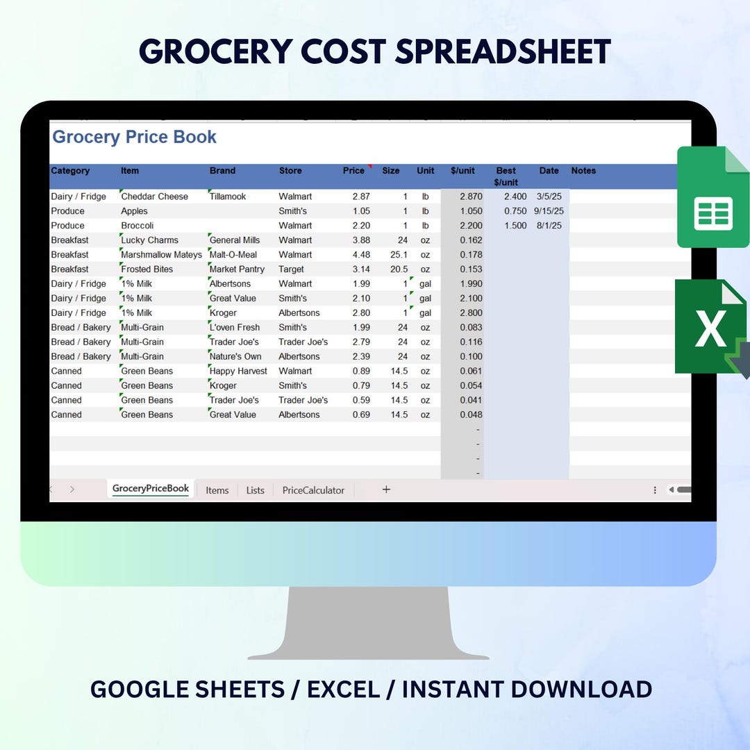 Grocery Cost Tracker Spreadsheet | Google Sheets Grocery Price ...