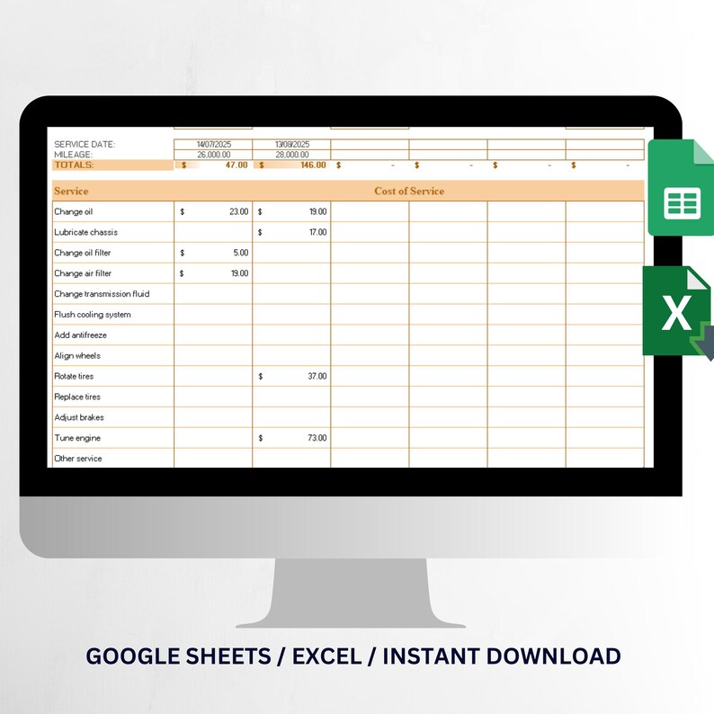 Buy Vehicle Service Record Excel Spreadsheet Template, Automotive ...