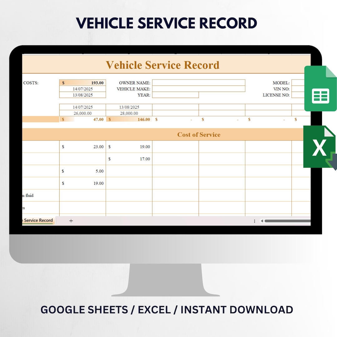 Vehicle Service Record Excel Spreadsheet Template, Automotive Repair ...