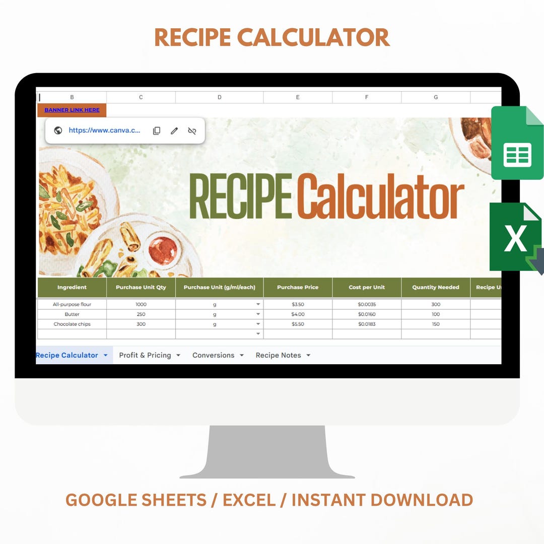 Recipe Cost Calculator Google Sheets Spreadsheet for Cooking & Baking ...