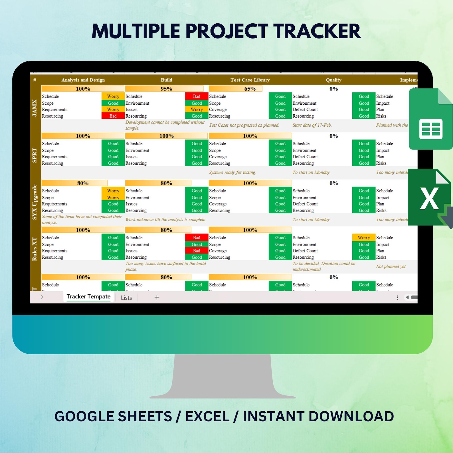 Multiple Project Tracker Excel Template | Task & Deadline Planner ...