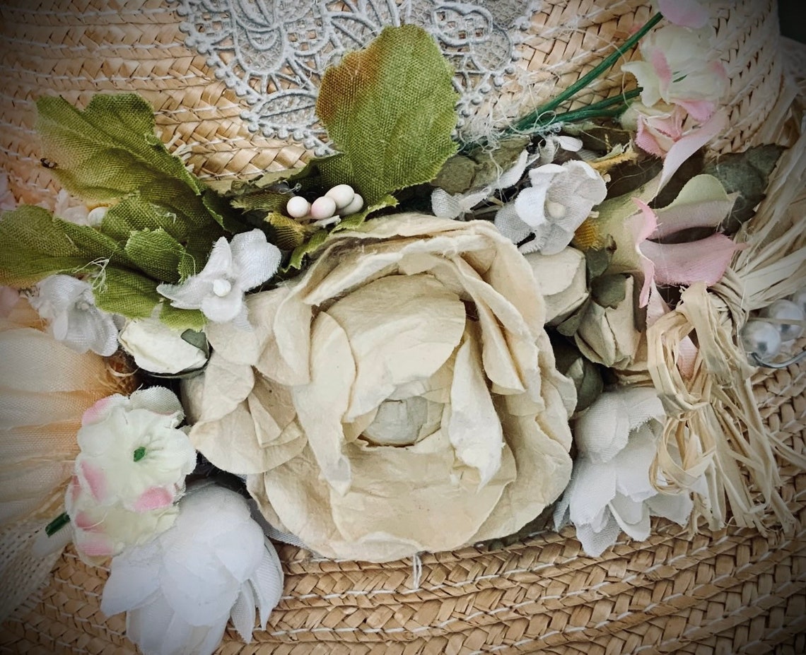 Vintage FLOWERED STRAW HAT Church, Wedding, Shower, Luncheon, Tea Party ...