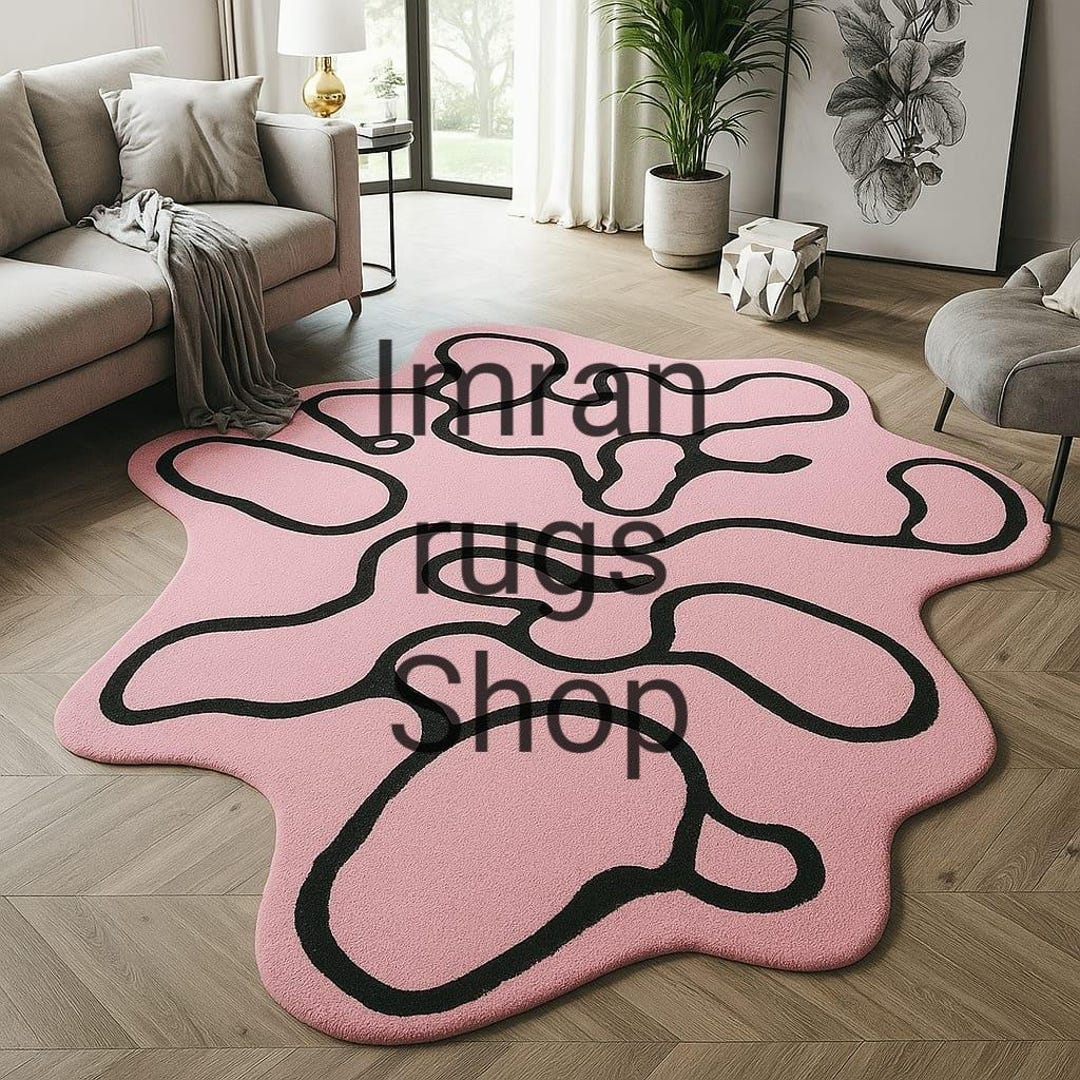 Modern Abstract Pink Area Rug With Black Line Art | Irregular Shape ...