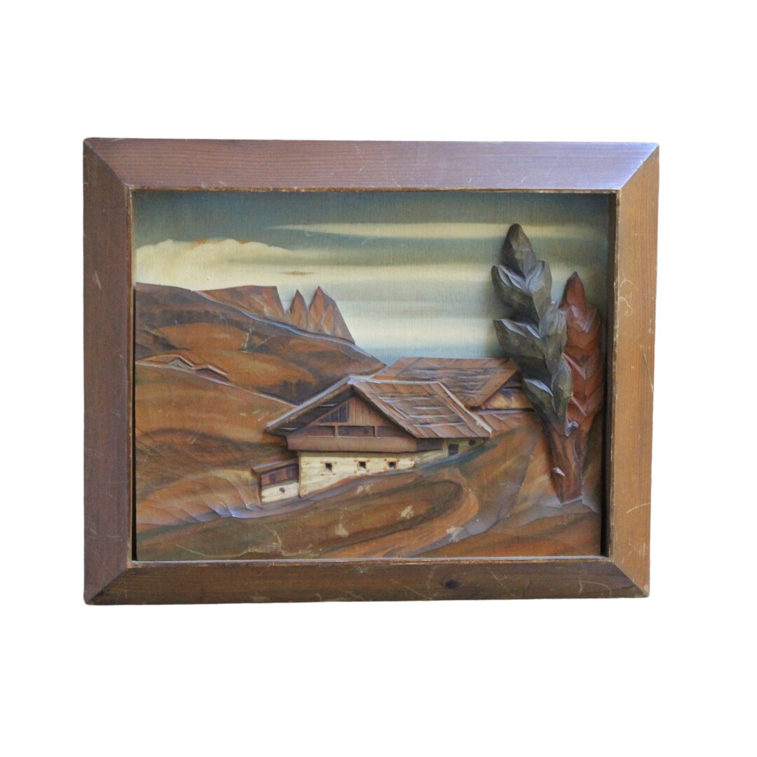 Carved Wood Diorama Village Landscape Vintage Made in Italy Wall Art ...