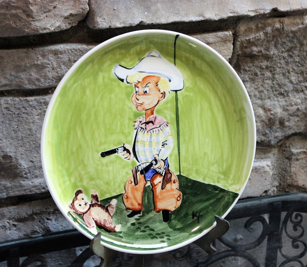 Vintage Cowboy Plate Handpainted 1950s 50s Boy Playing Cowboy Artist ...