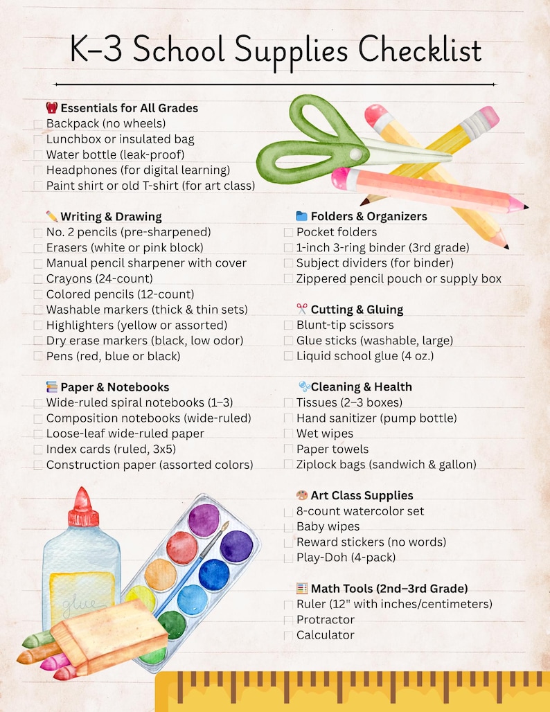 Back to School Supplies List, K-3 School Supplies, School Supplies ...