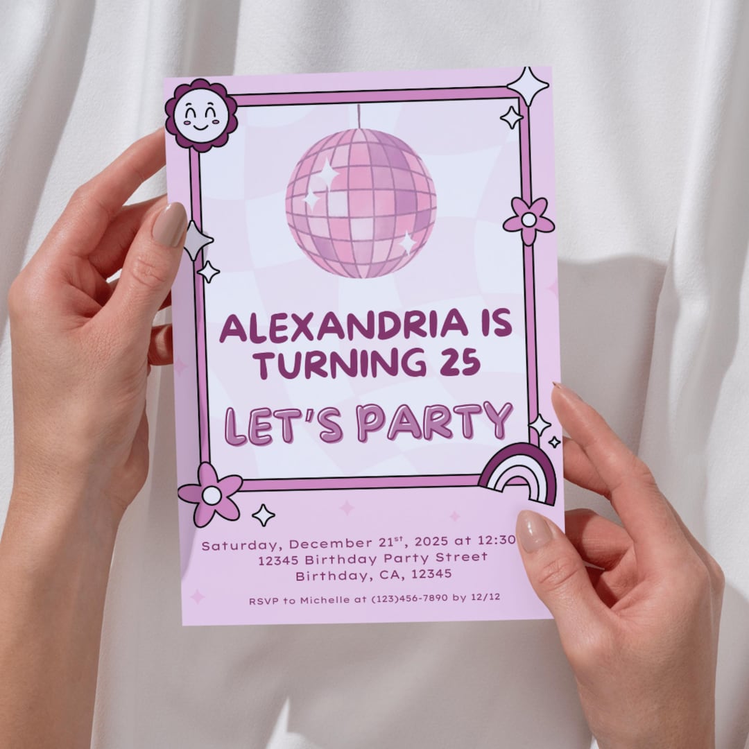 Editable Pink Disco Birthday Invitation Template | Retro Let's Party ...