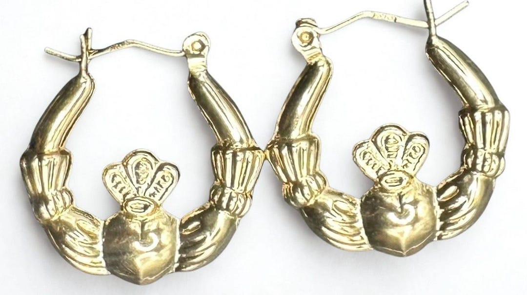 Estate 14K Yellow Gold Claddagh Hoop Earrings | Irish Love & Loyalty ...