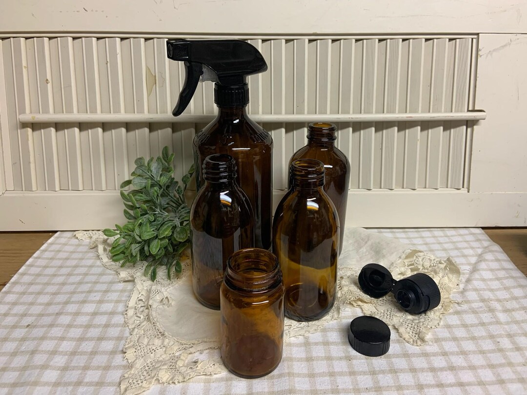 5 Assorted Amber Glass Bottles With Interchangeable Caps & Sprayer - Etsy