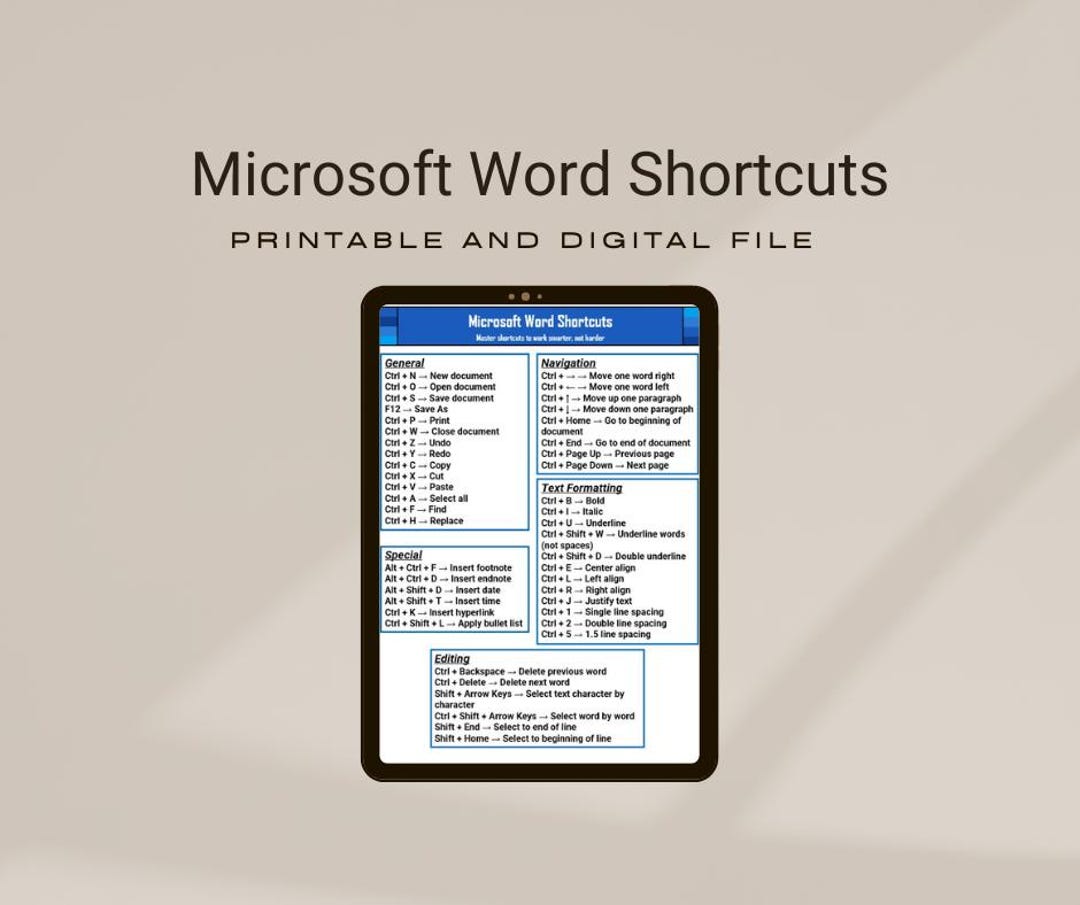 Microsoft Word Shortcuts Cheat Sheet: Keyboard Reference (digital Download) - Etsy