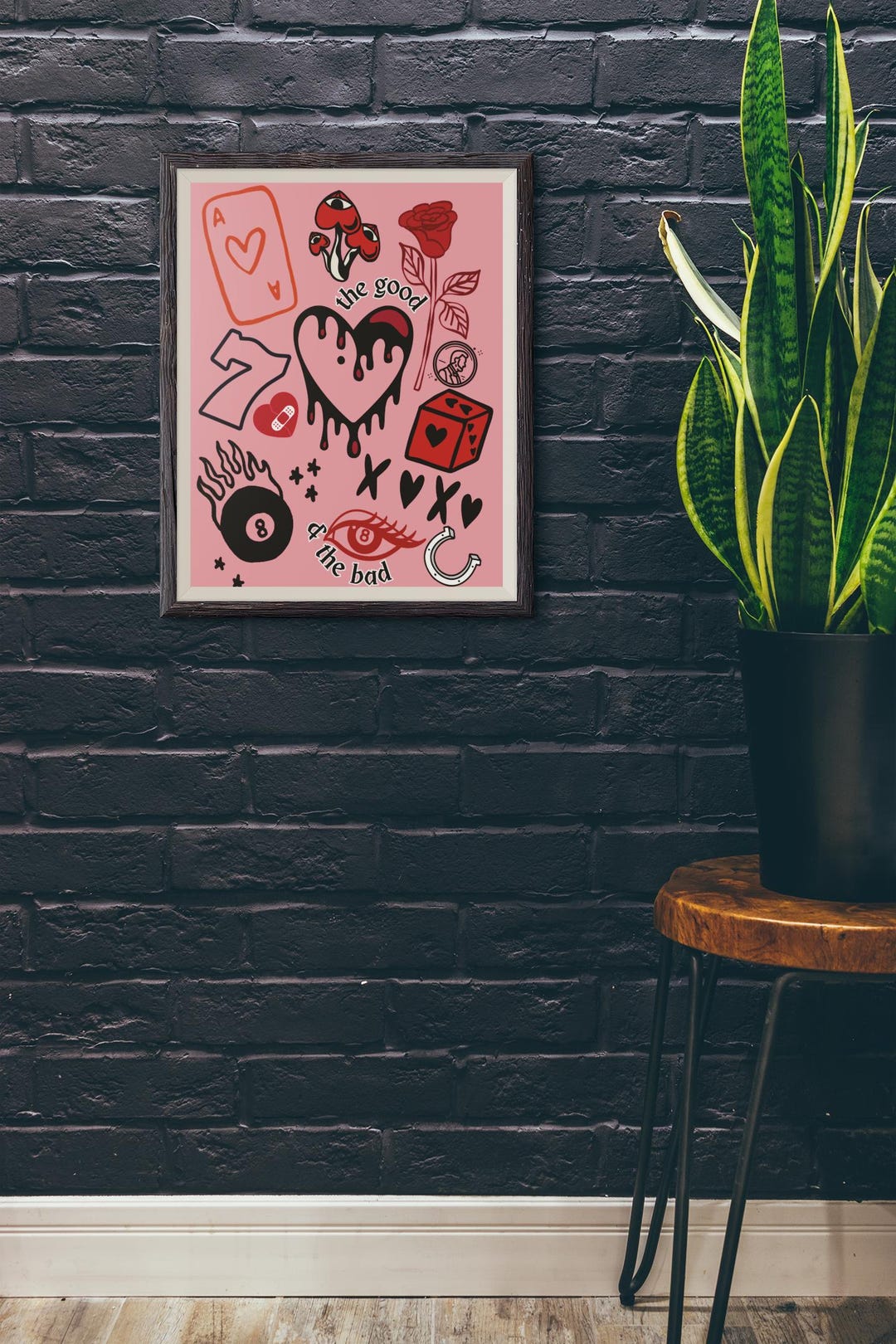 The Good the Bad Heart Collage Rolled Poster | Pink Tattoo Flash, Rose ...