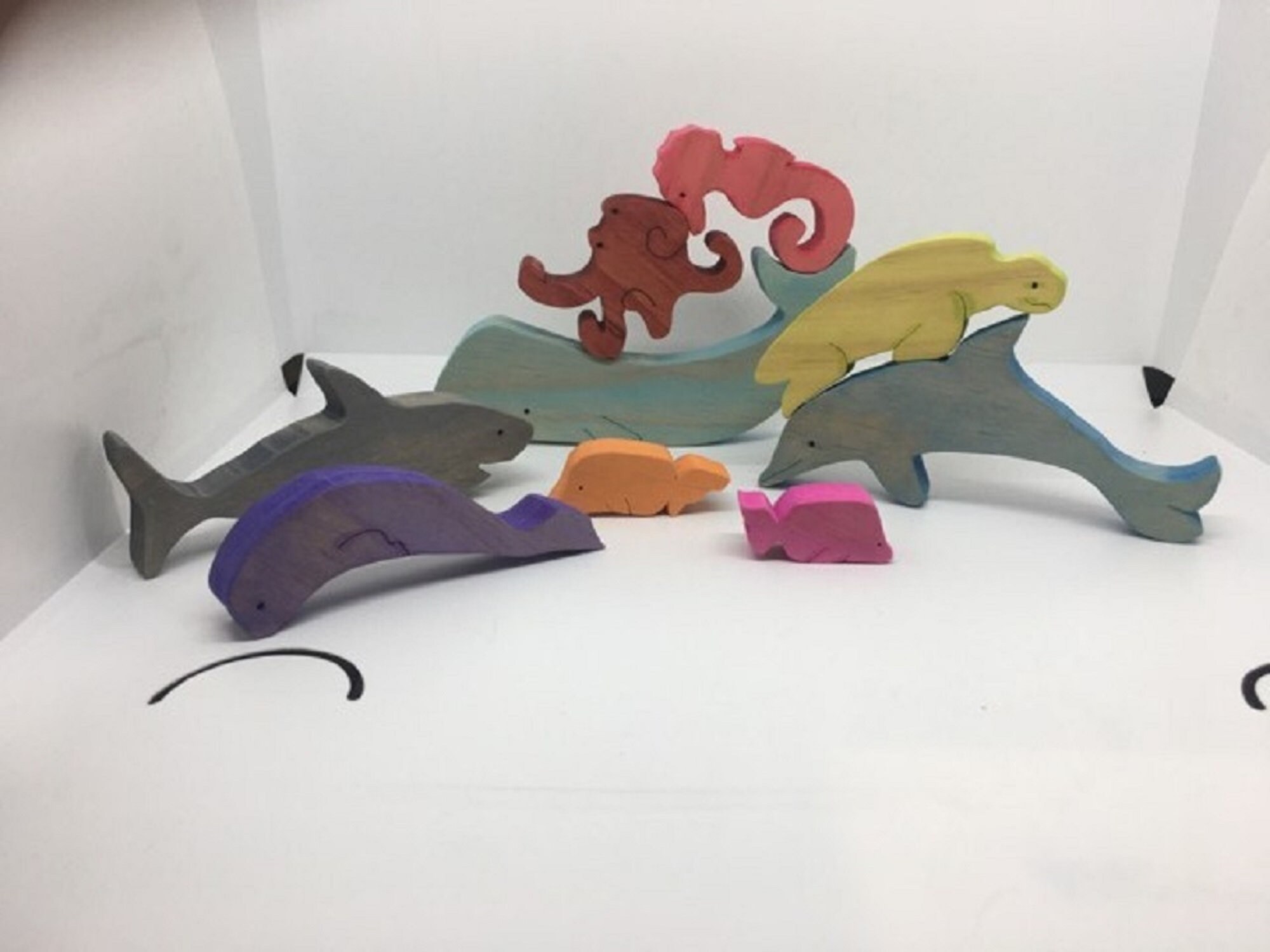 Wood Stacked Sea Creatures Puzzle handmade 9 Pieces Stained - Etsy