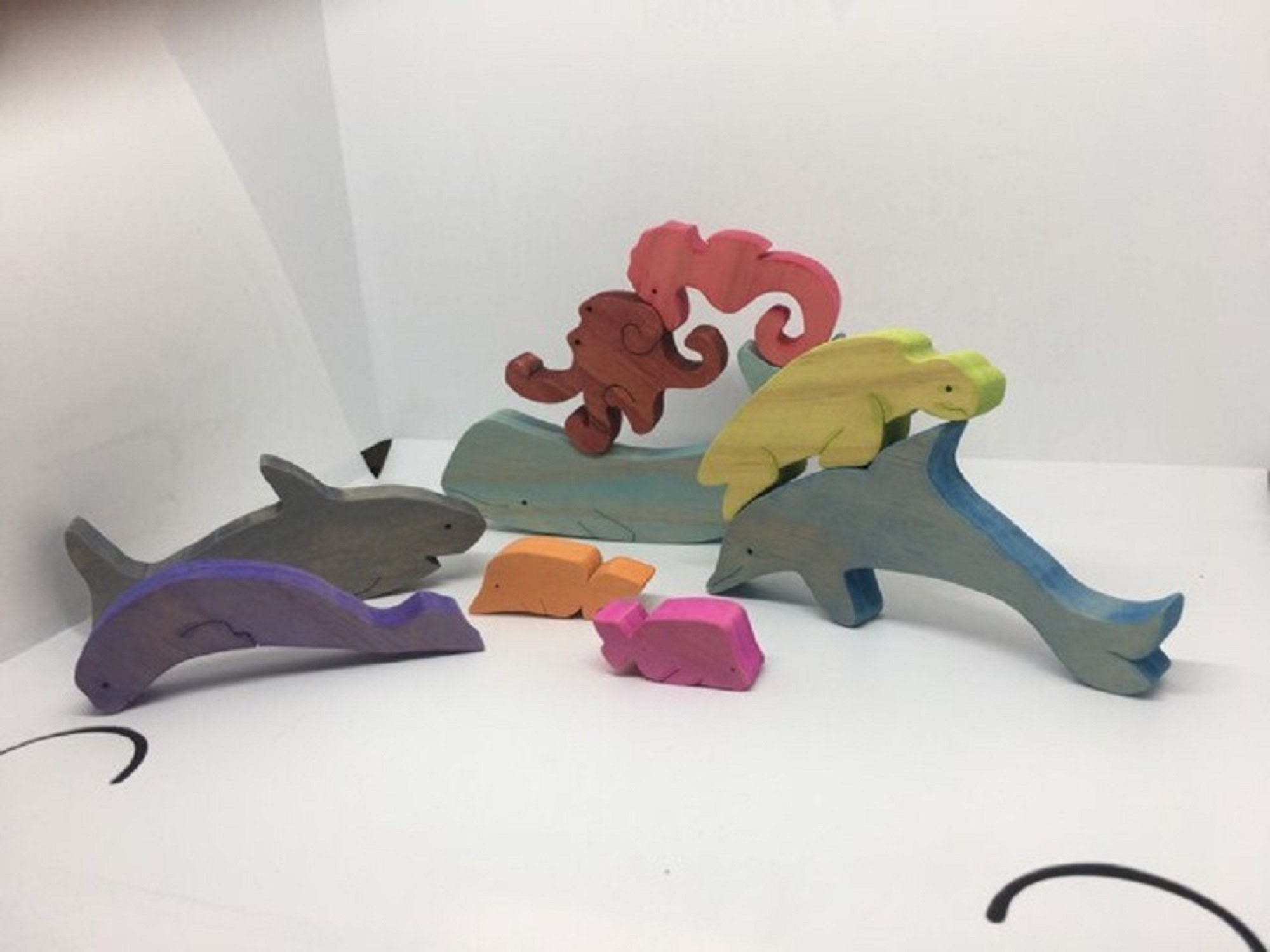 Wood Stacked Sea Creatures Puzzle handmade 9 Pieces Stained - Etsy