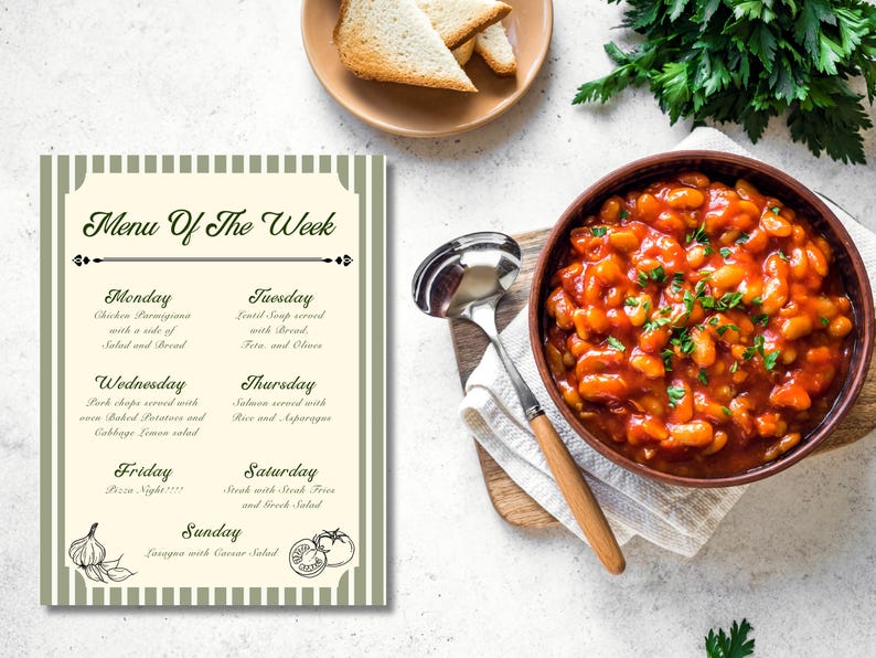 Editable Weekly Menu Template – Printable Meal Planner – Canva Editable ...