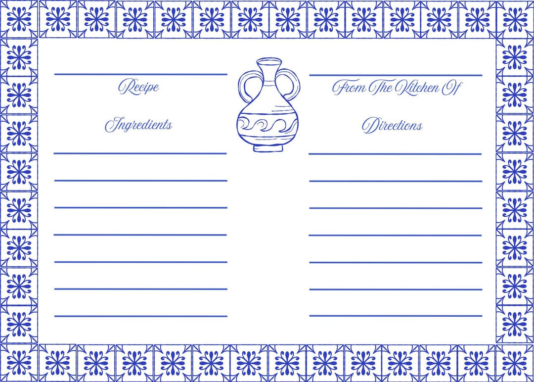 Greek Tile Recipe Card Printable | 5x7 Mediterranean Kitchen Stationery ...