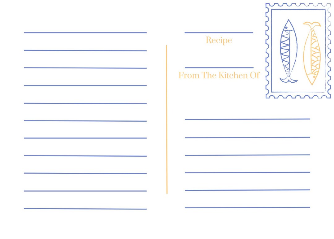 Printable Recipe Card | 5x7 Fish Postcard Design | Blue and Yellow ...
