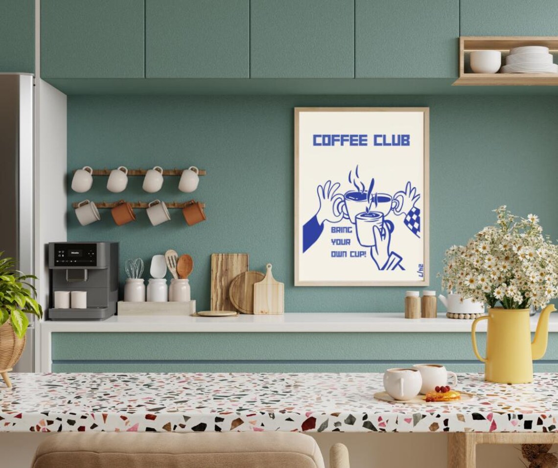 Printable Coffee Club Poster | Blue & Beige Kitchen Wall Art | Cozy ...
