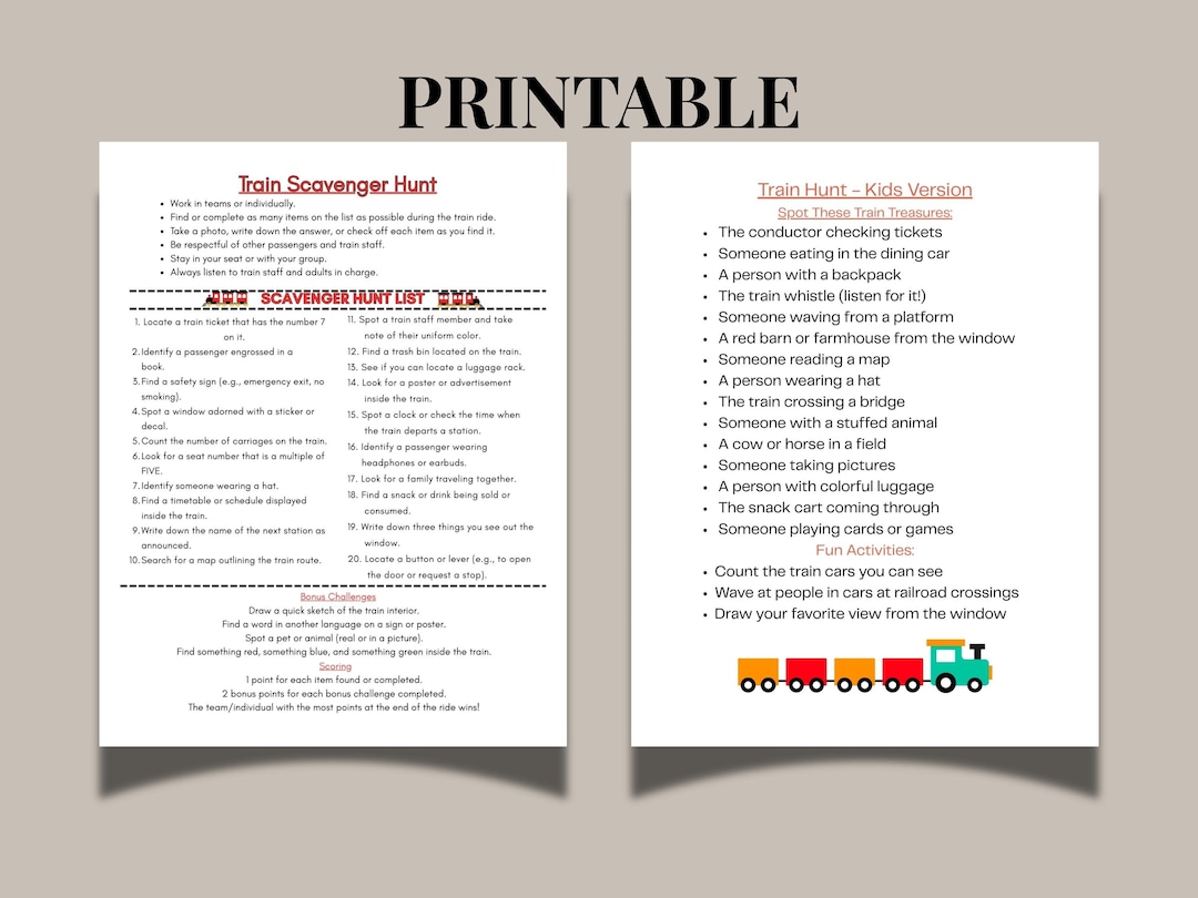 Train Scavenger Hunt Printable Activity Kids Travel Game Digital ...