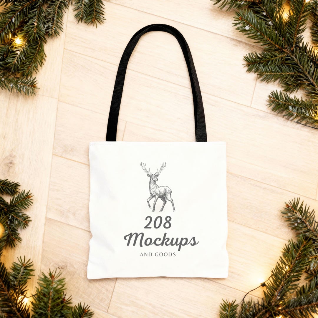 AOP Tote Bag Mockup With Black Handles | Rustic Cabin Winter Tote Bag ...