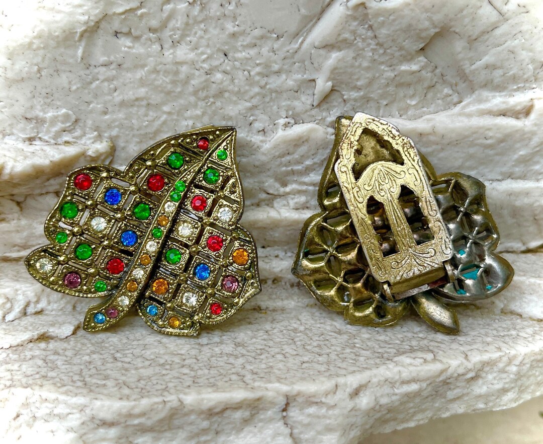 Art Deco Dress CLIPS Pair Leaves Czech Fruit Salad Rhinestones Crystal ...