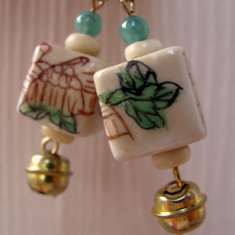 OOAK Jingle Bell Asian Theme Dangle Cube Earrings Gift for Her - Etsy