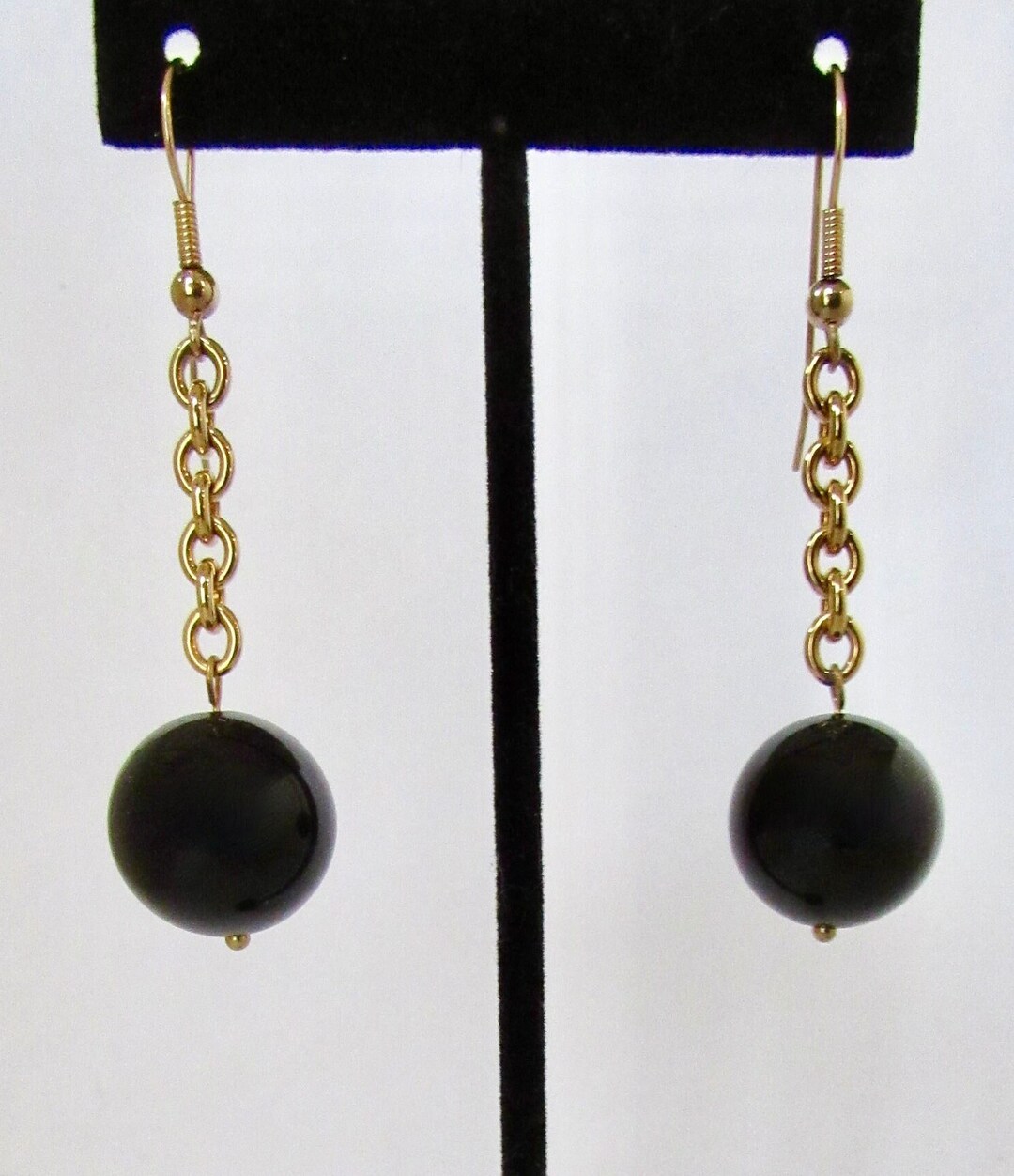 Black Bead Dangle Earrings, Gold Tone Chain - Etsy