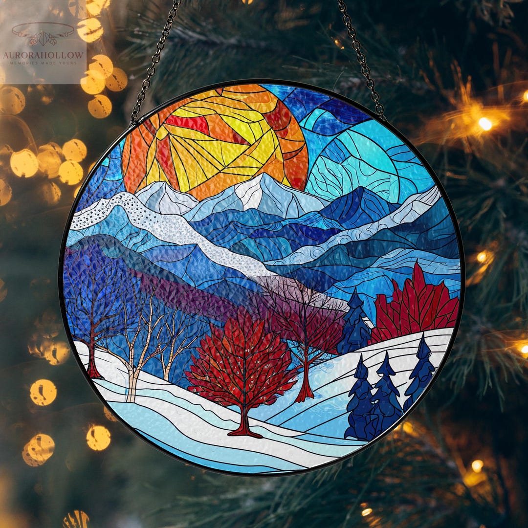 Winter Sunset Stained Glass Suncatcher, Red Tree Landscape Ornament ...