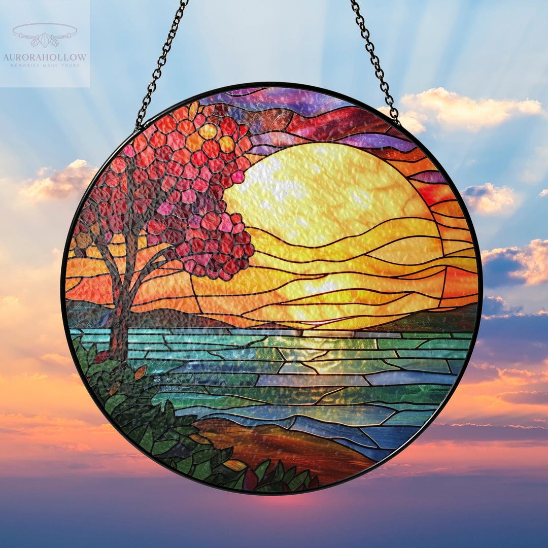Sunset Stained Glass Suncatcher, Round Glass Window Hanging, Colorful ...