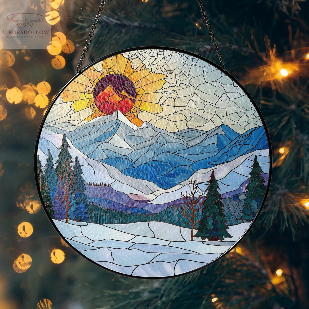 Mountain Sunrise Stained Glass Suncatcher, Winter Landscape Ornament ...