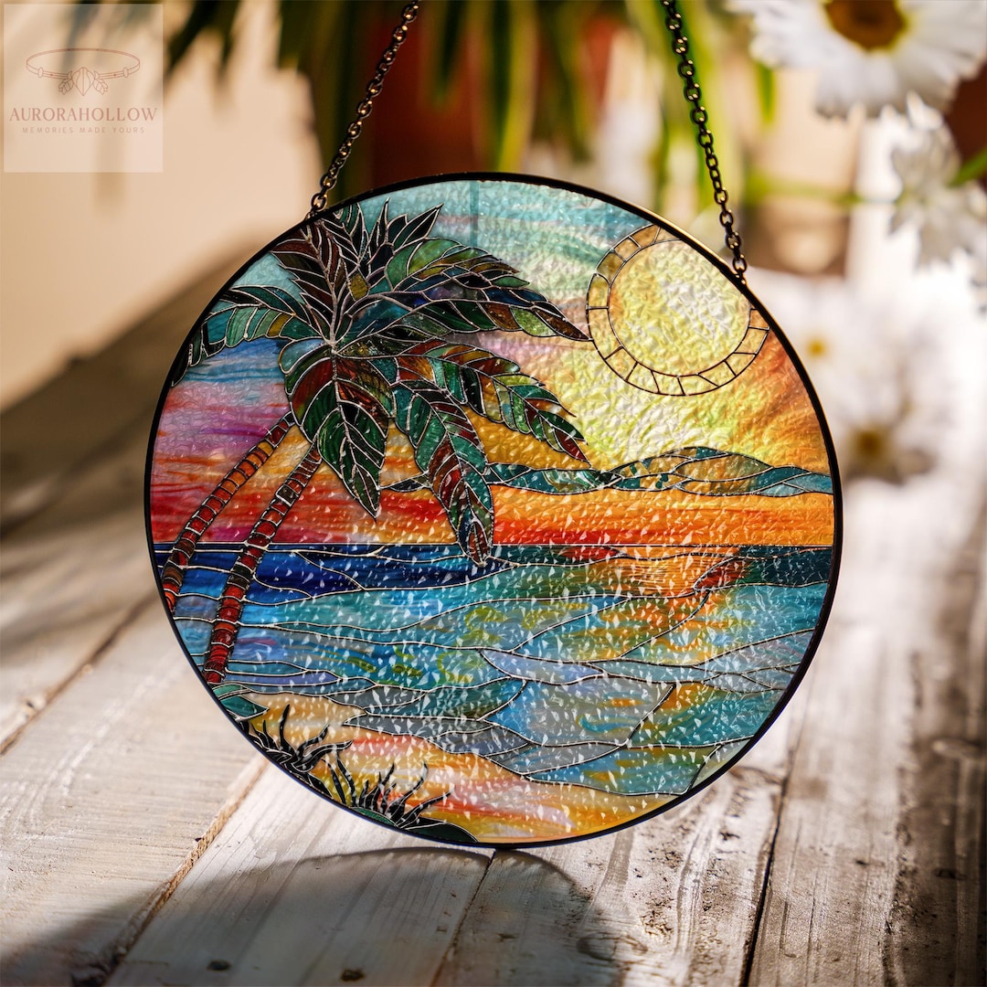 Tropical Palm Tree Sunset Suncatcher, Stained Glass Beach Window ...
