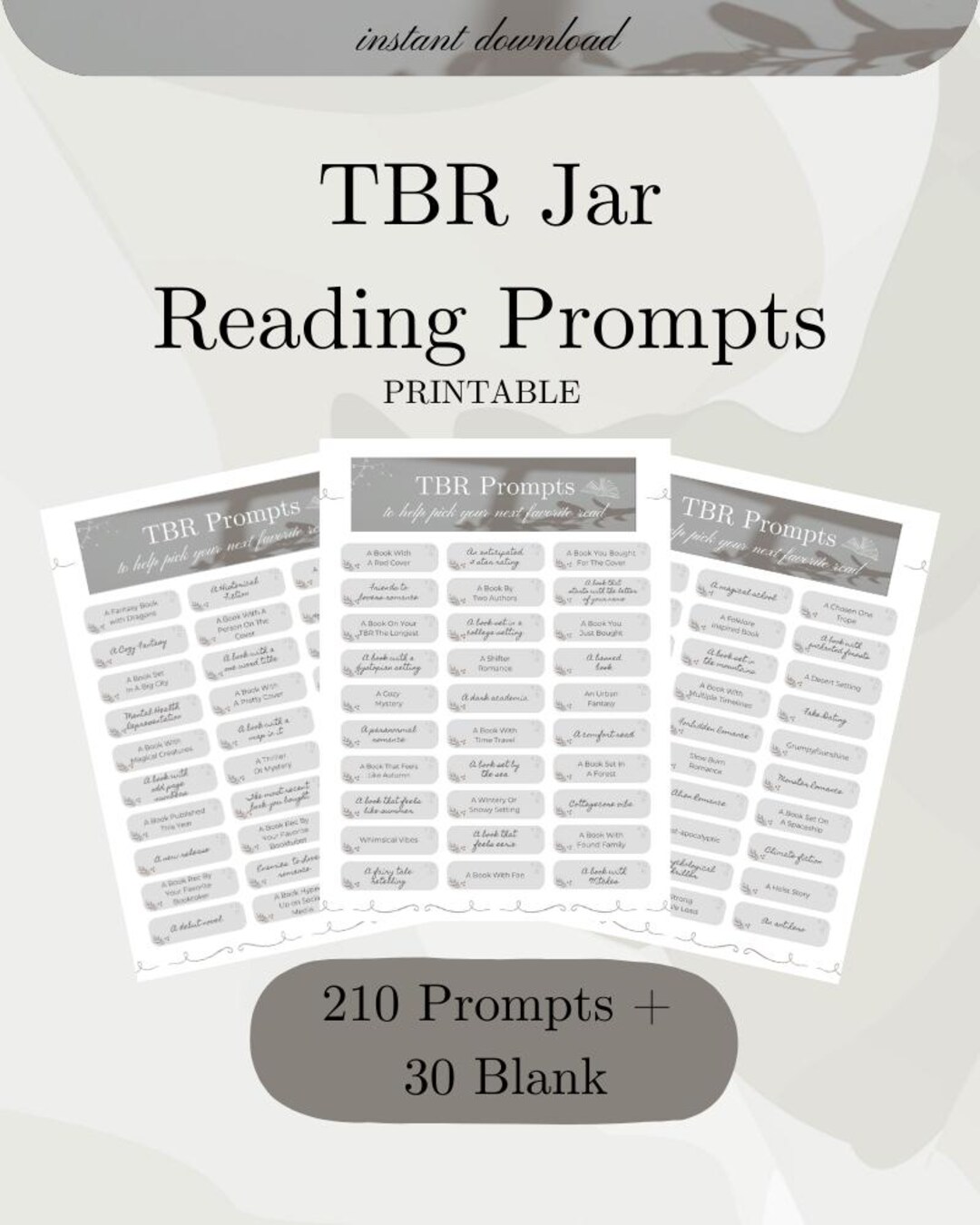 210 TBR Prompts + 30 Blank Cards | Printable TBR Jar Prompts | Bookish ...