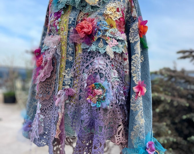 Bohemian Denim Jacket in Size XL/XXL Art to Wear Redesigned Jacket ...