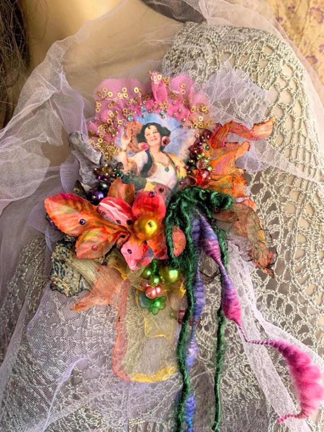 Statement Brooch Mixed Media Art Brooch Romantic Brooch Woman Jewelry ...