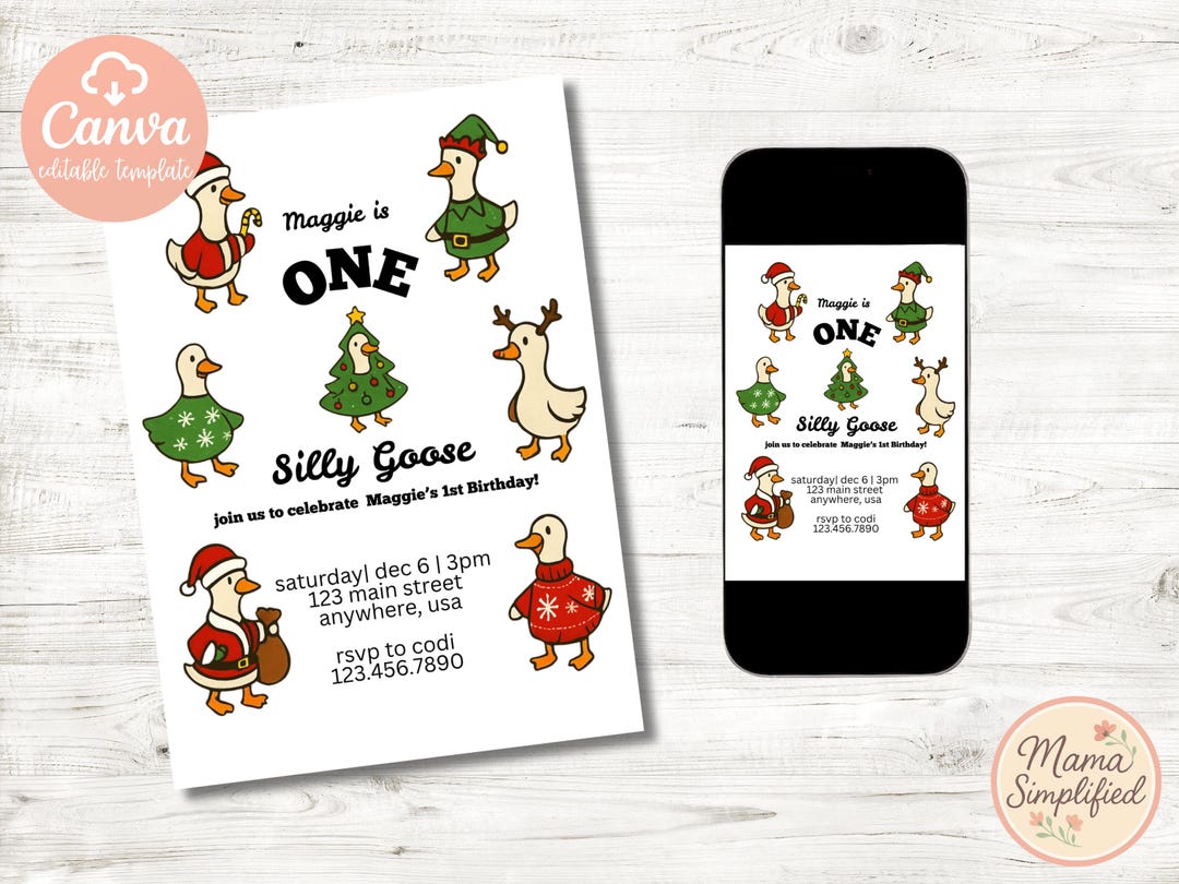 One Silly Goose Christmas Geese First Birthday Invite | Digital ...