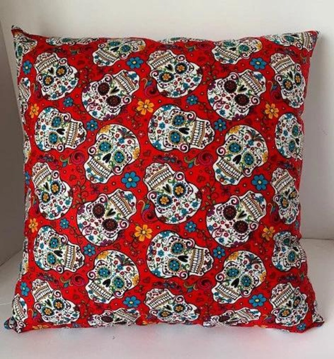 Red Dia De Los Muertos/ Red Day of the Dead Pillow Cover With Colorful ...