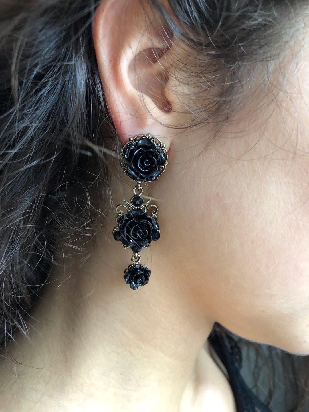 Vintage Dolce & Gabbana DG Style Black Rose Pendant Earrings. - Etsy