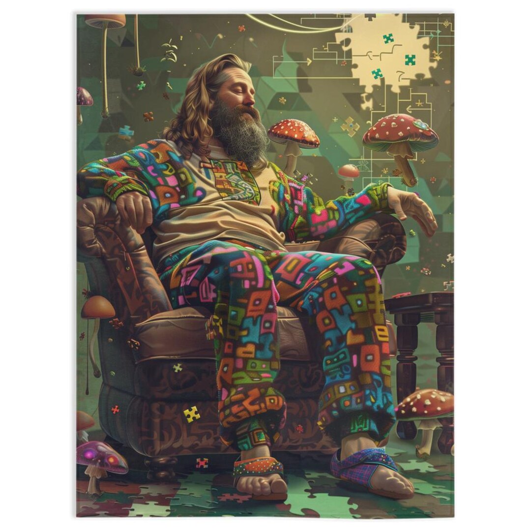 Psychedelic Mushroom Lounge Minky Blanket, Chill Hippie Dude on Chair ...