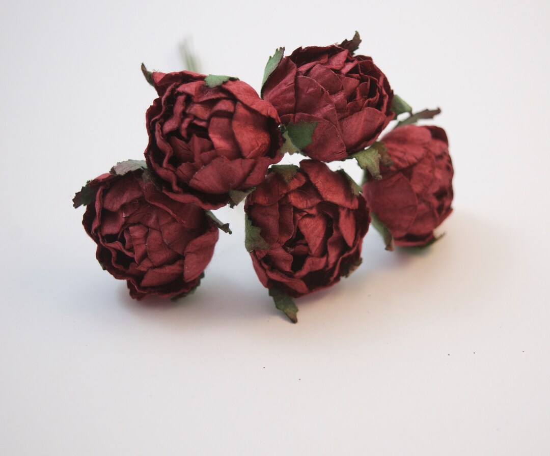 5 Pcs Crimson Maroon Paper Flowers, Peony Paper Flowers, Mulberry ...