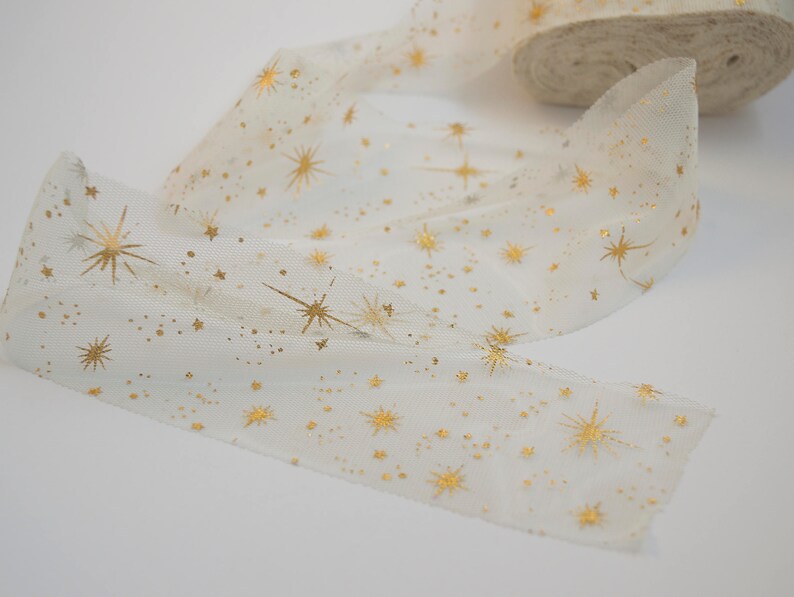 Ivory Cream Tulle Ribbon Gold Stars Sparkles Tulle Ribbon | Etsy