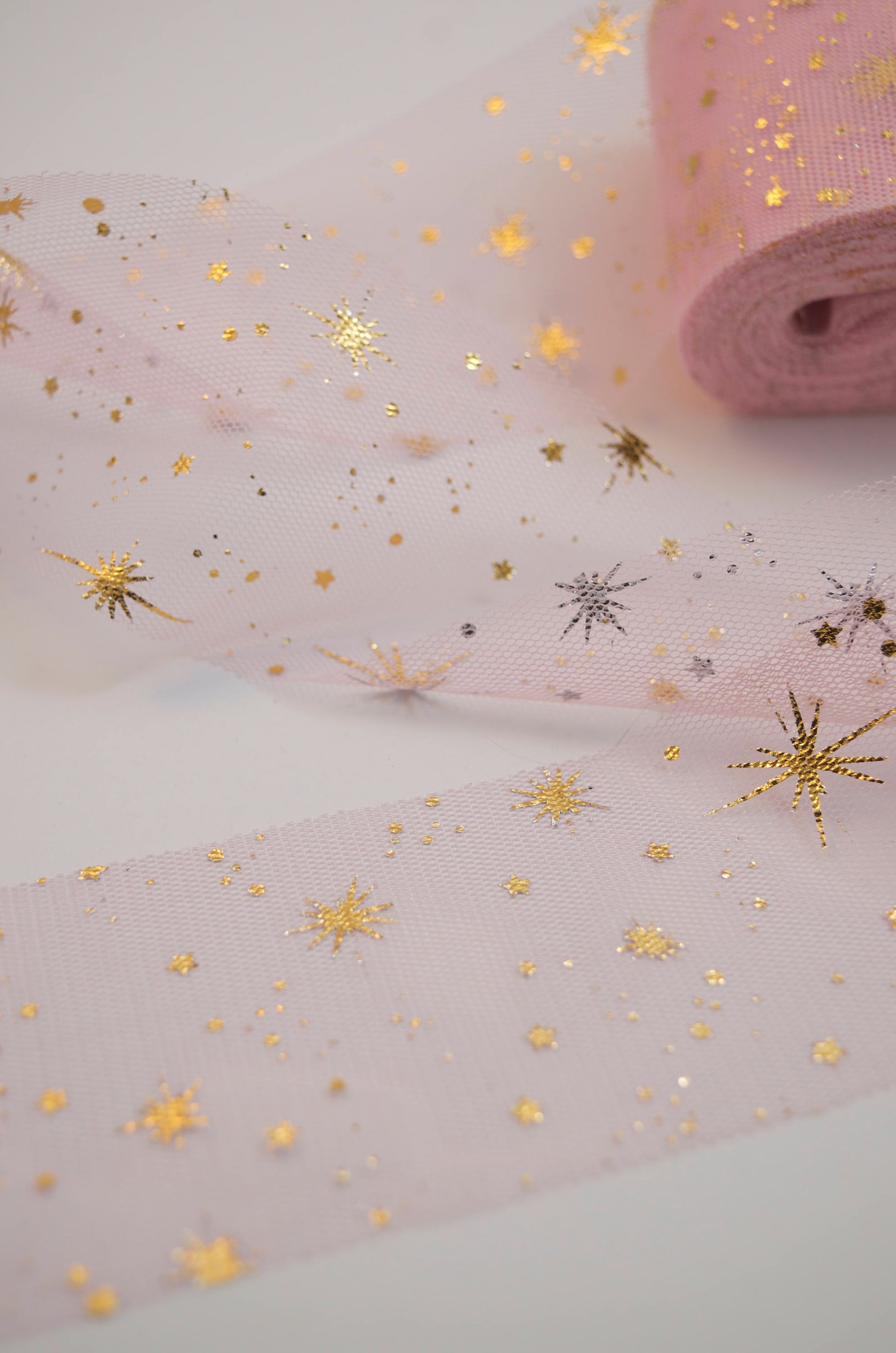 Rose Pink Tulle Ribbon Gold Stars Sparkles Tulle Ribbon Rose | Etsy