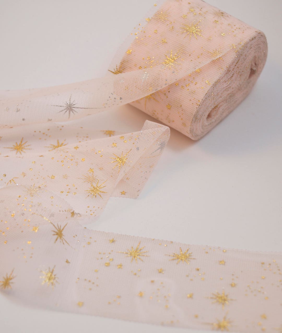 Blush Pink Tulle Ribbon Gold Stars Sparkles, Tulle Ribbon, Mint Tulle ...