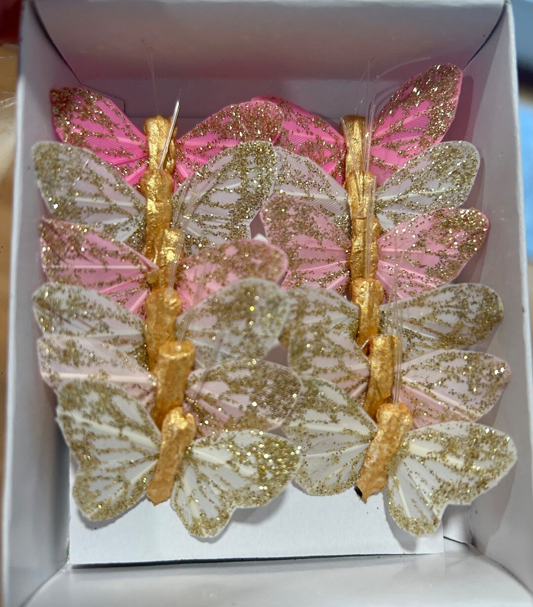 Pink Pastel Gold Glitter Butterflies Set of 12 Embellishments Crafts ...