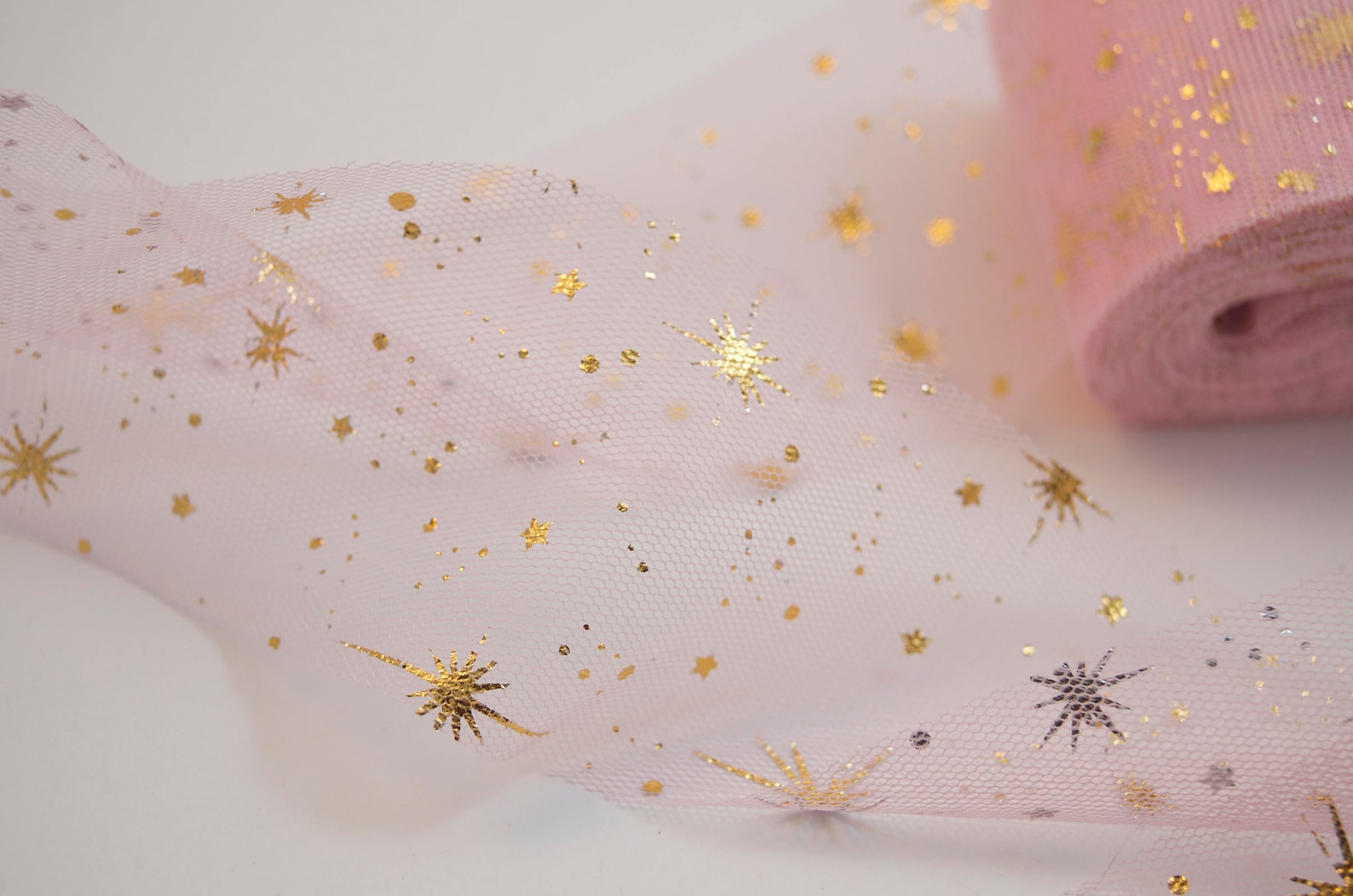 Rose Pink Tulle Ribbon Gold Stars Sparkles Tulle Ribbon Rose | Etsy
