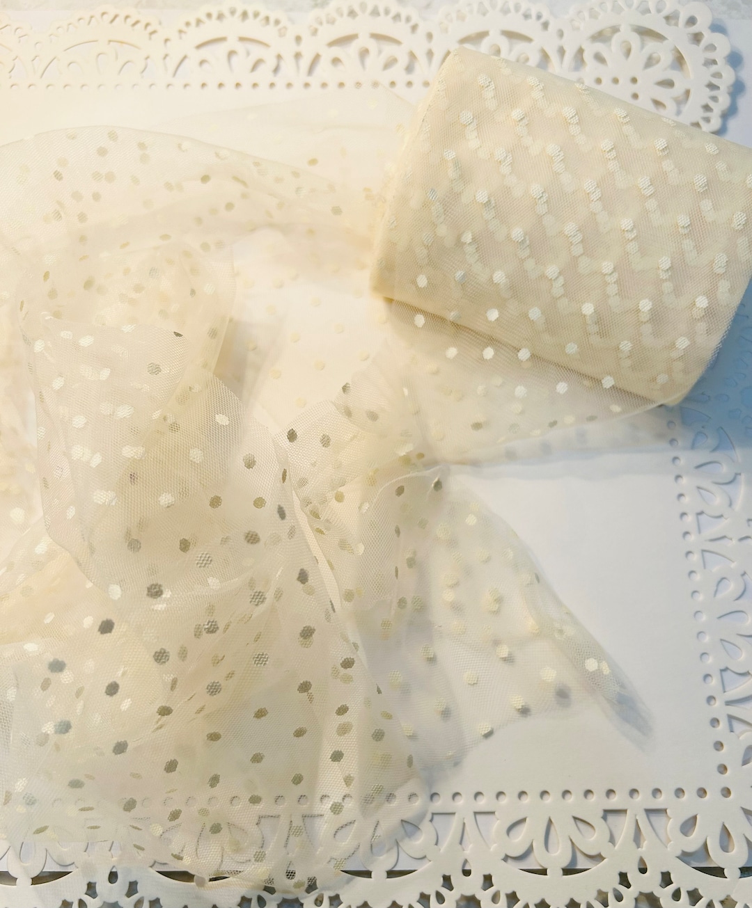Ivory Cream Tulle Ribbon Polka Dot Flocked , Tulle Ribbon, Ivory Tulle ...