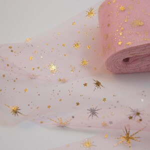 Rose Pink Tulle Ribbon Gold Stars Sparkles, Tulle Ribbon, Rose Tulle ...