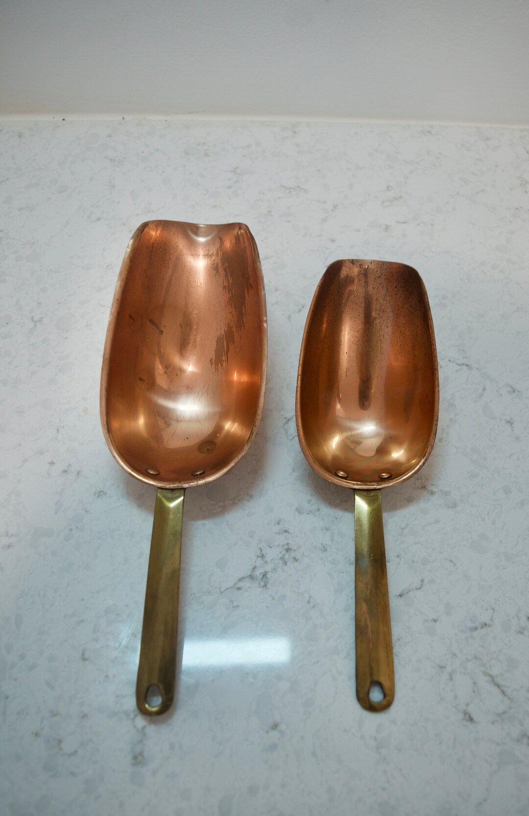Set of 2 Vintage Copper Scoops 7 Oz 3 Oz Brass Handle Sugar Flour ...