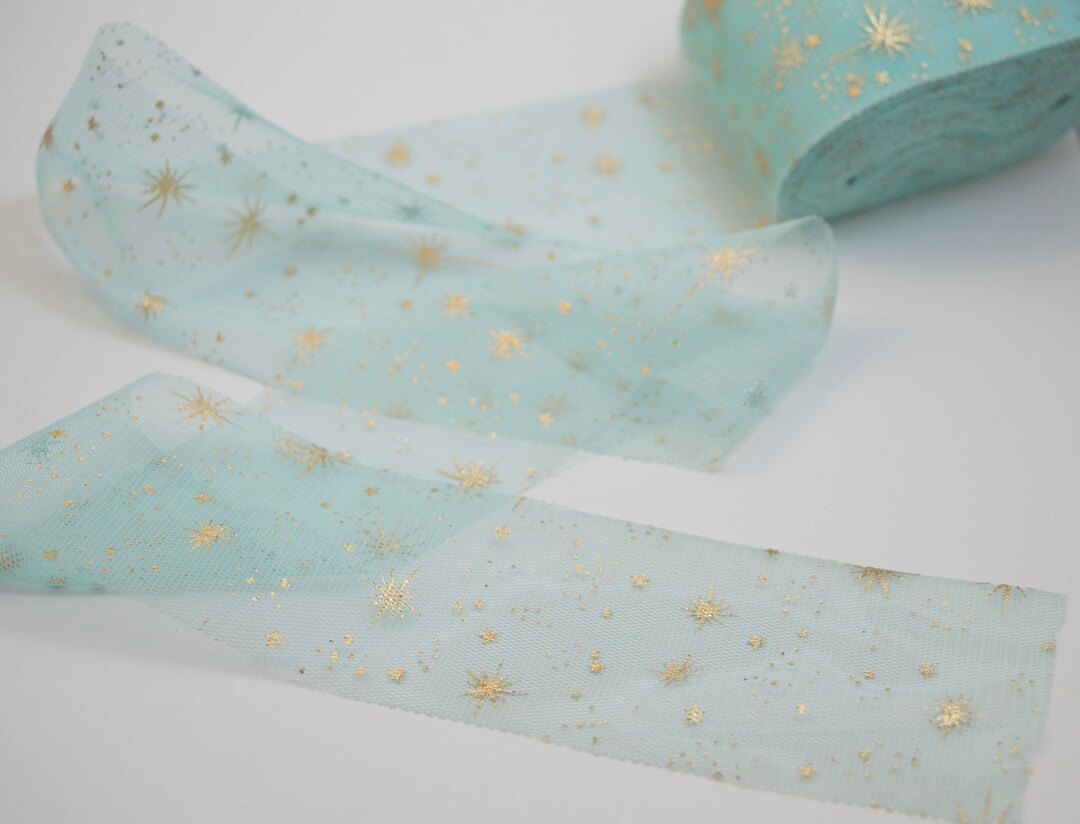 Aqua Mint Tulle Ribbon Gold Stars Sparkles, Tulle Ribbon, Mint Tulle ...